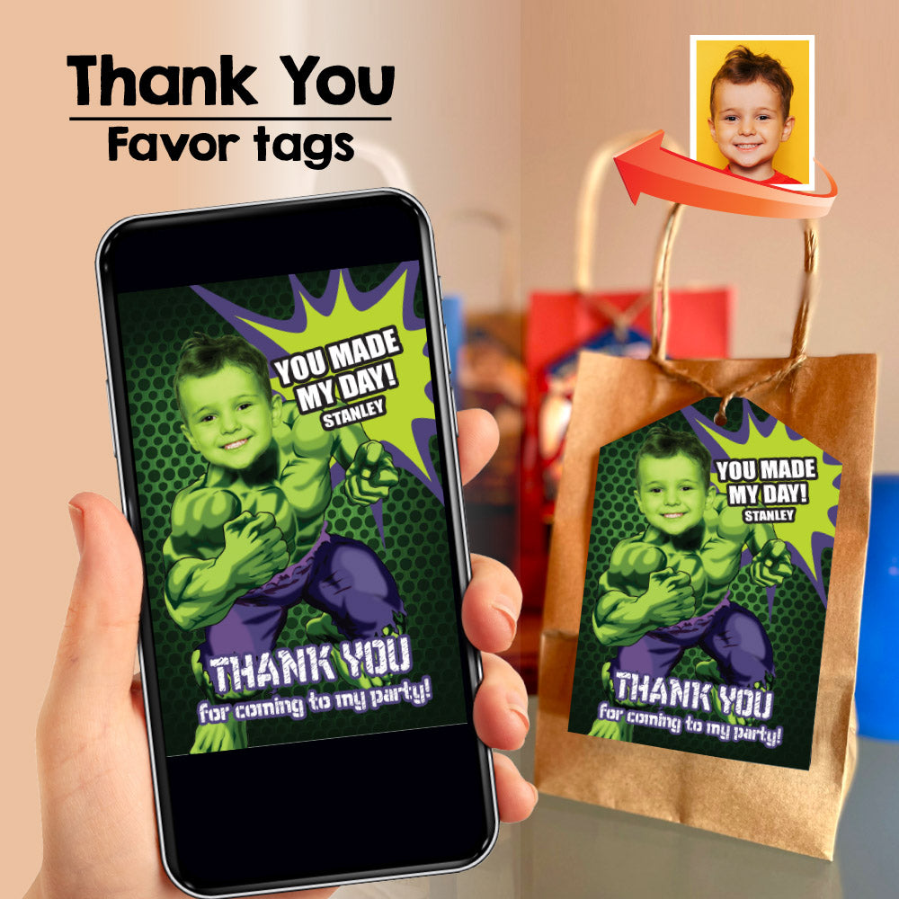 Hulk thank you card with your child as the Hulk, Favors tags – myheroathome