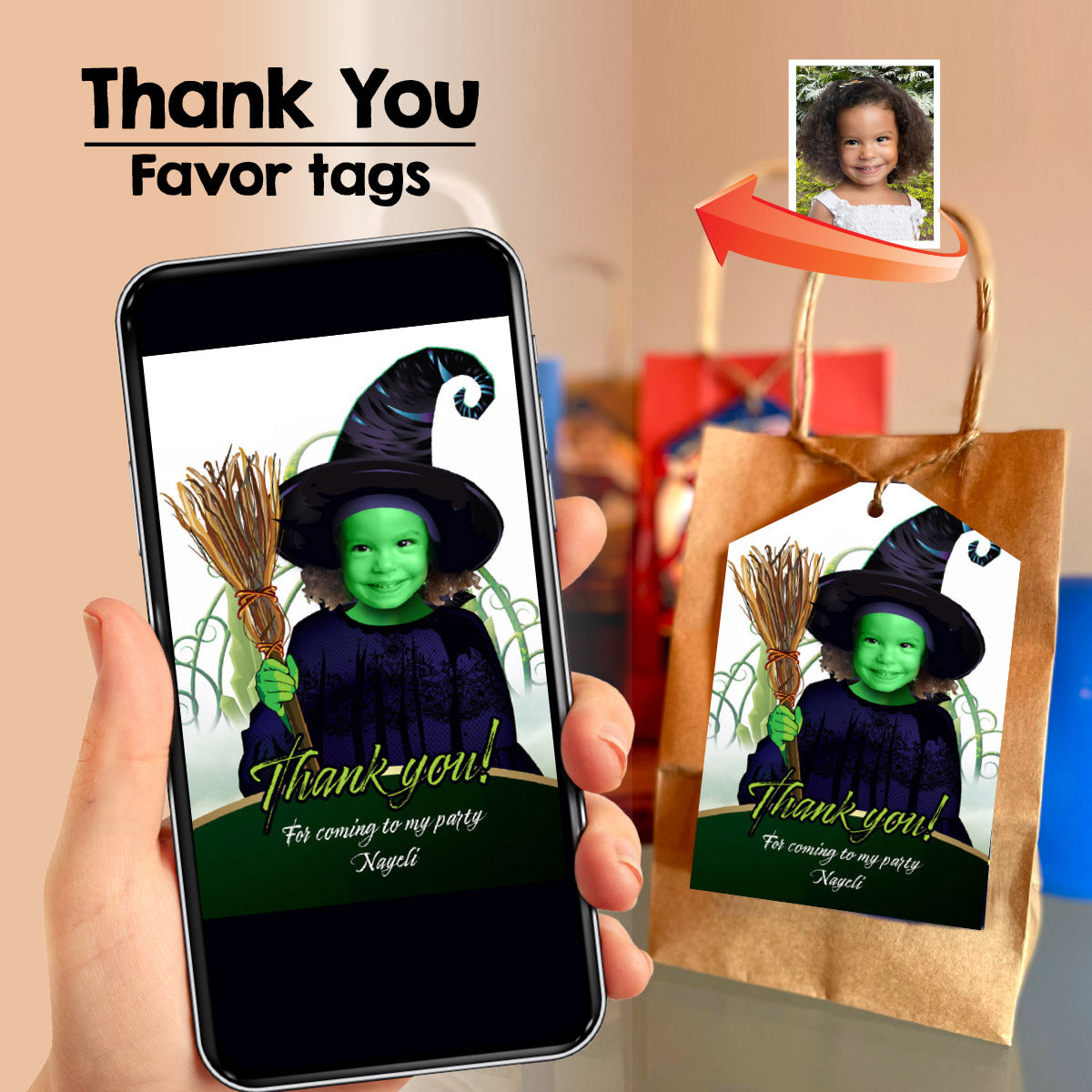 Wicked Elphaba thank you card and favor tags personalized with photo ...