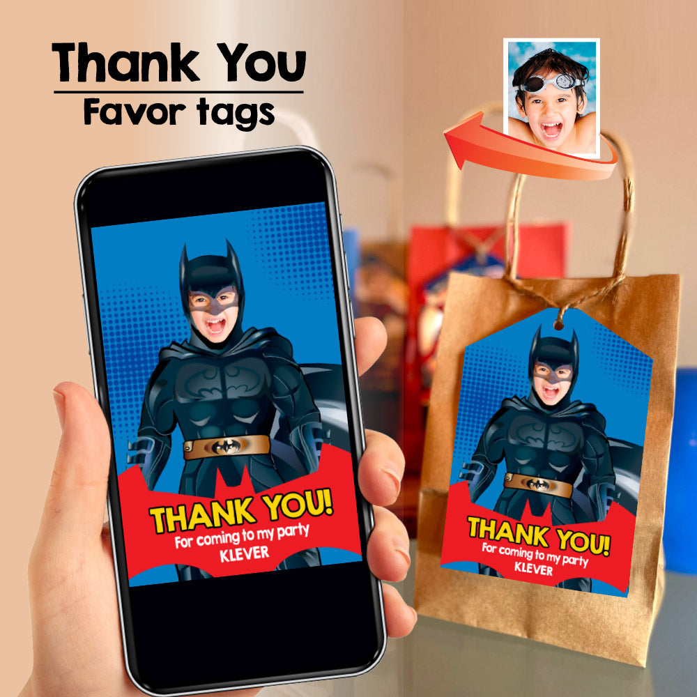 Super heroes thank you with your kid as Batman, Favor tags theme Batman ...